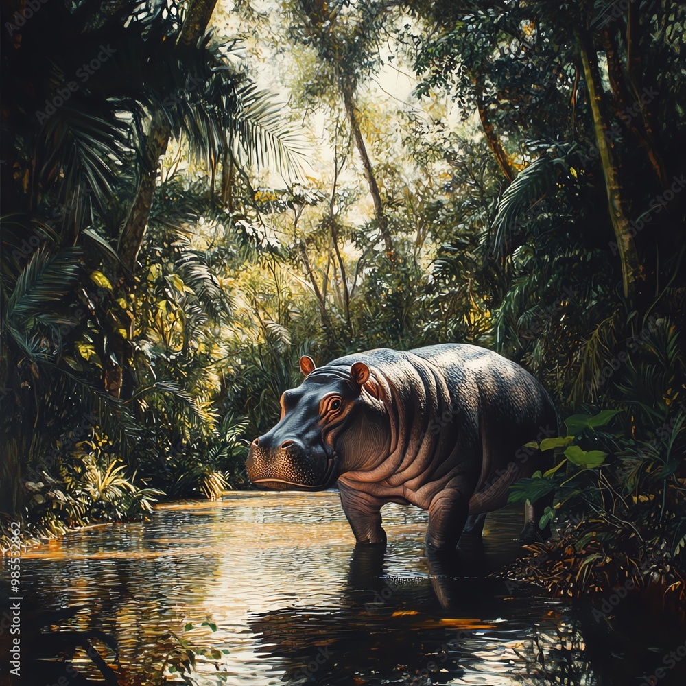 Hippopotamus in a Jungle River Stock Illustration | Adobe Stock