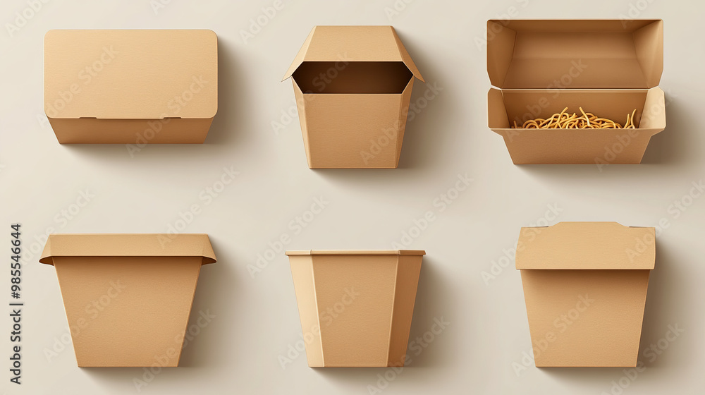 Cardboard take away box for noodle. Closed and open brown craft ...