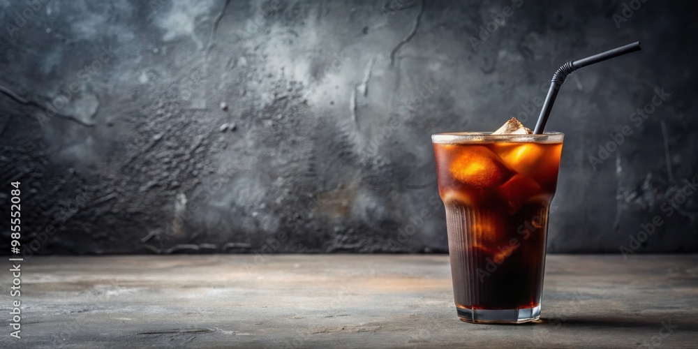 Side view of iced dark cold brew americano coffee with a plastic straw ...