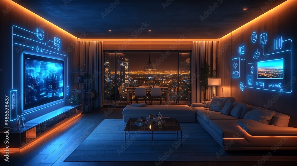 Smart home interior living room design with panoramic windows and ...