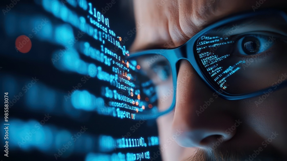 Hacker with malicious code on screen, government system infiltration ...