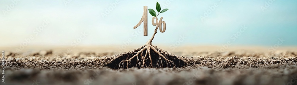 Interest rate percentage sign with roots being pulled out of the ground ...