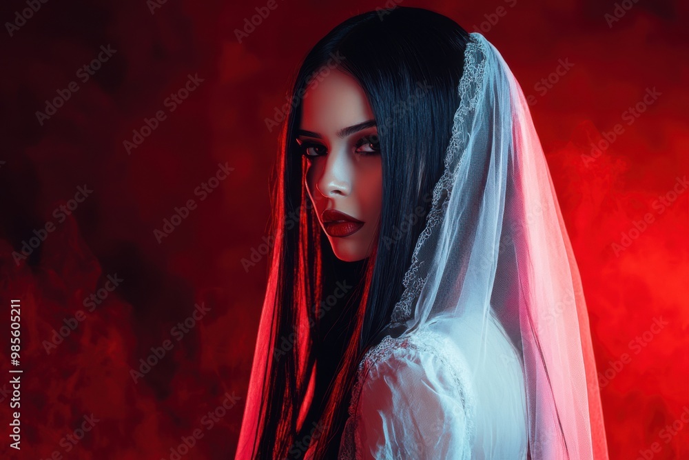 Portrait of a Hispanic woman with long, straight hair, wearing a white ghost bride outfit, copy ...