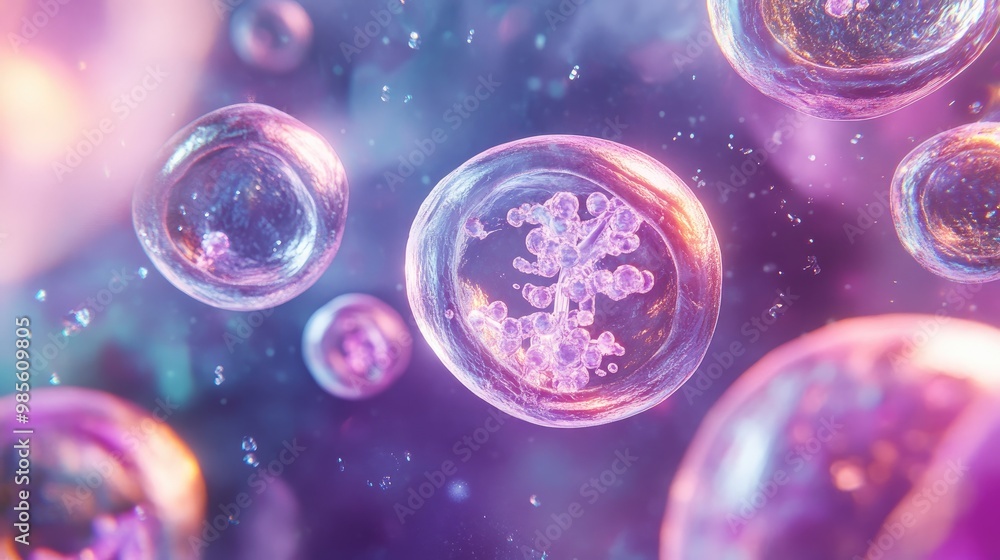 A digital animation showing cell division (mitosis), with cells ...