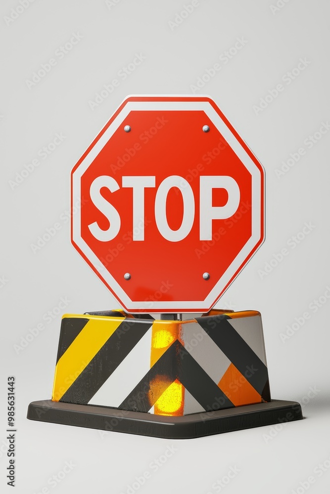 Traffic barricade featuring a bold stop sign and amber signal lights ...
