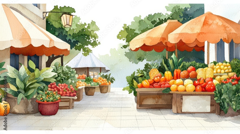 Illustrate a bustling street market at eye-level angle, emphasizing ...