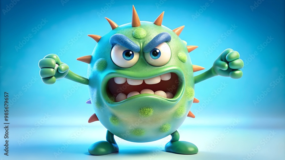 Angry cartoon virus character with spikes and expressive face on a ...