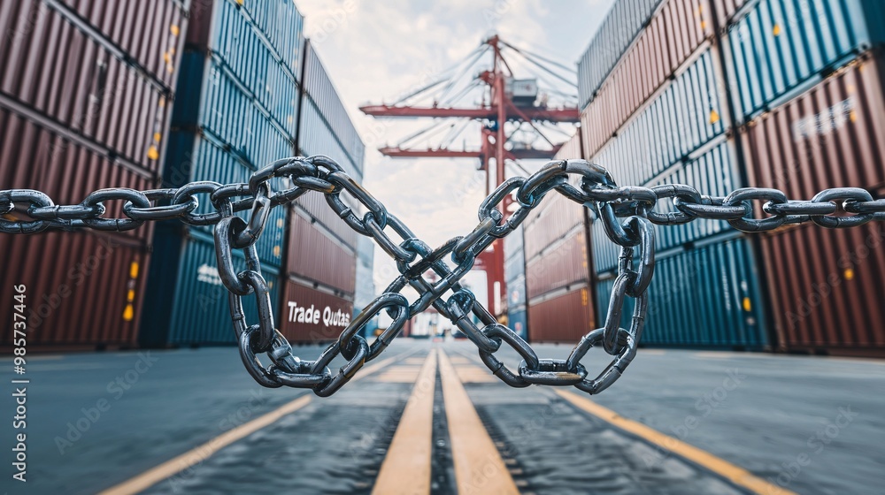 Shipping containers locked down by chains labeled "Trade Quotas", trade ...