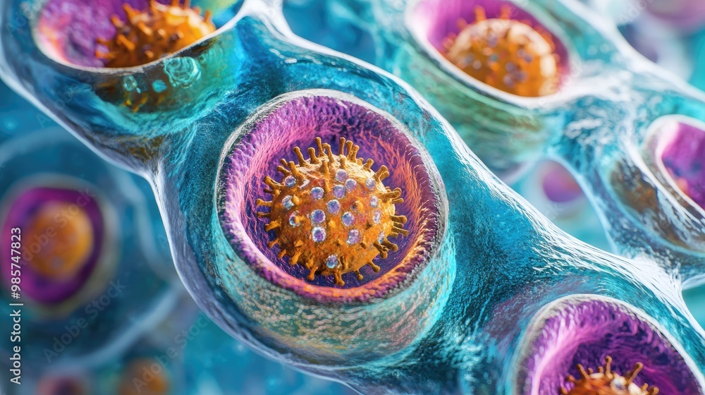 Cell division with mitosis stages shown through detailed microscopic ...