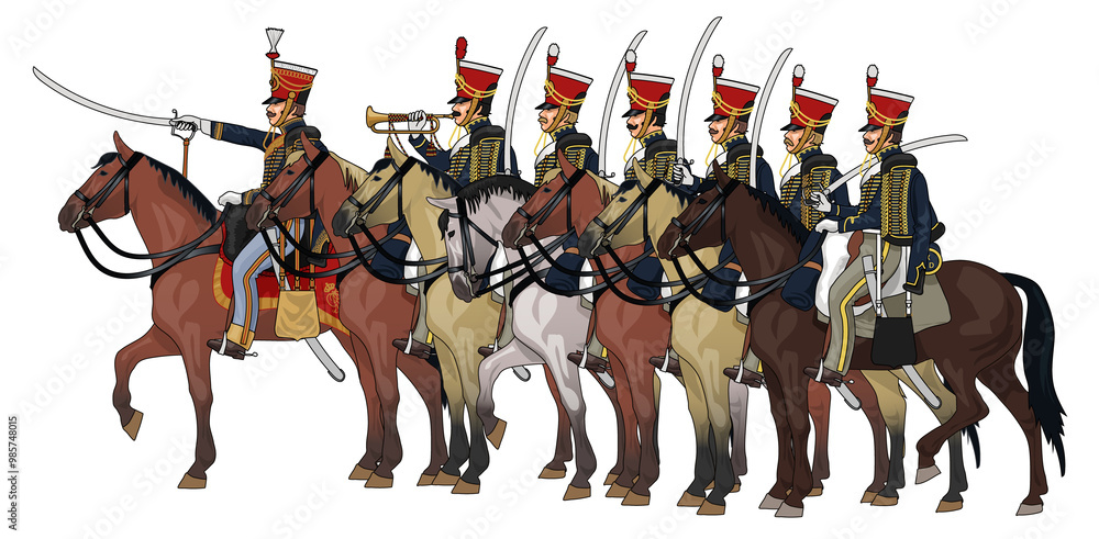 Group of British Hussars with Sabres From 19th Century Napoleonic Wars ...