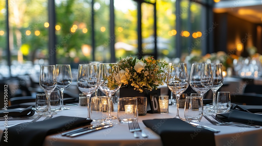 Elegant corporate event venue with sophisticated table settings and ...