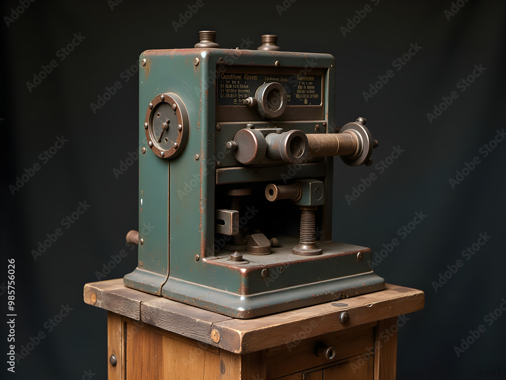 Vintage Mechanical Printing Press on Wooden Pedestal with Patinaed ...