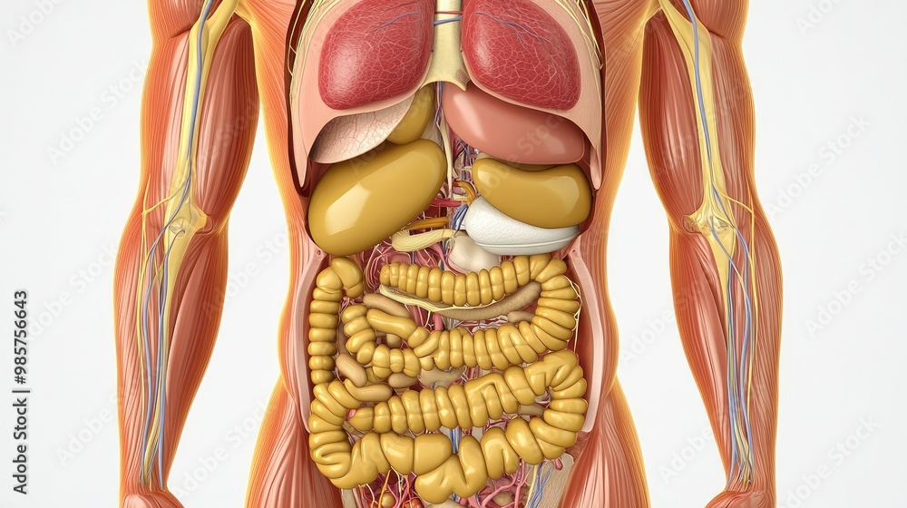 Human digestive system cutaway diagram, with organs and pathways ...