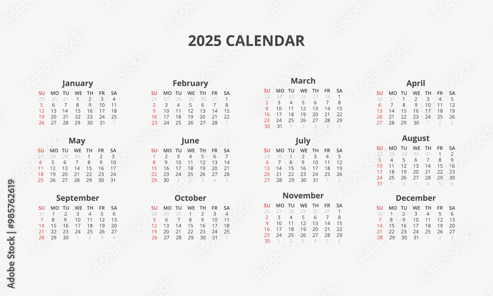 2025 year calendar layout with days of other months. Week starts Monday ...