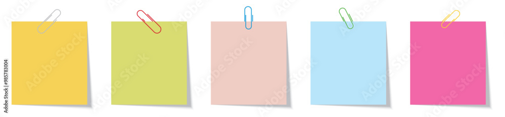 Colorful paper clip with blank sticky notes set isolated on transparent ...