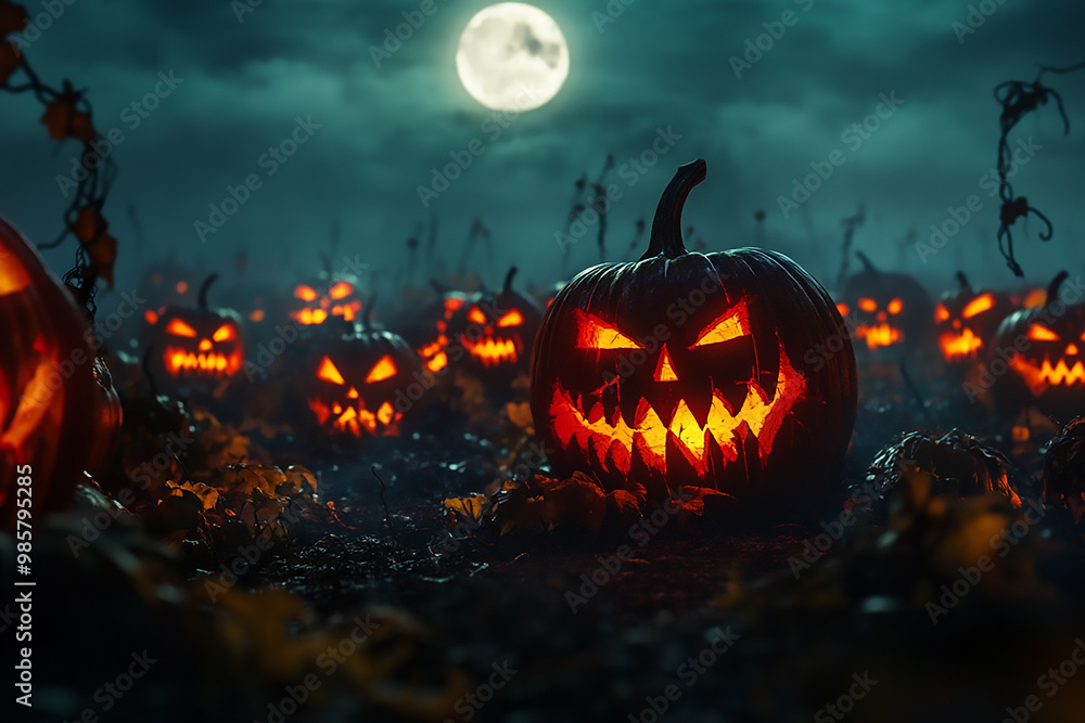 a sinister pumpkin patch under a full moon, where the carved jack-o ...