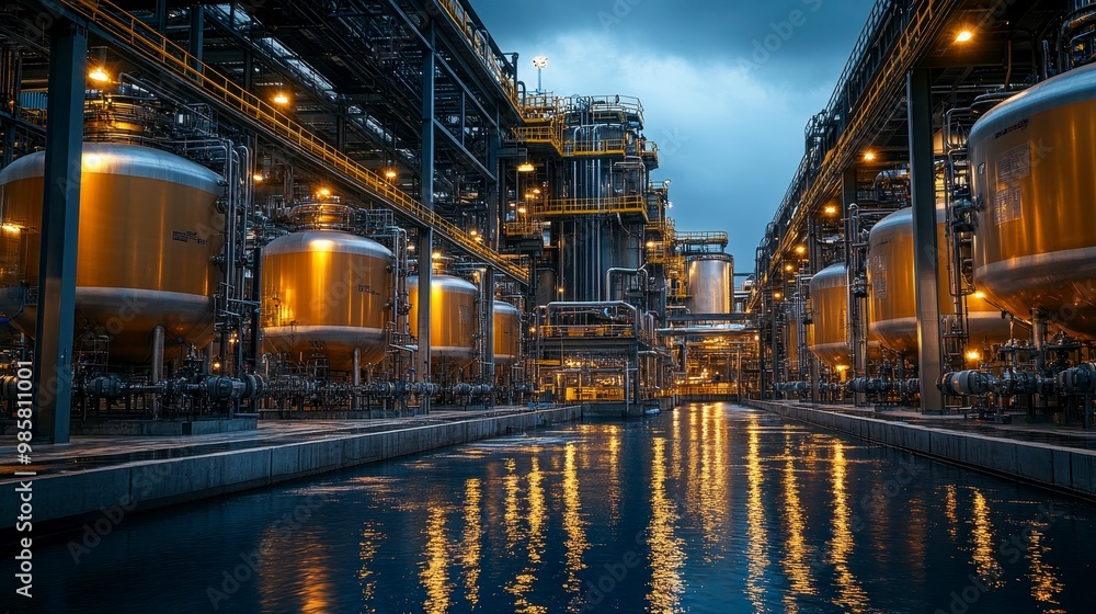 Industrial facility with large tanks and reflective water, showcasing ...