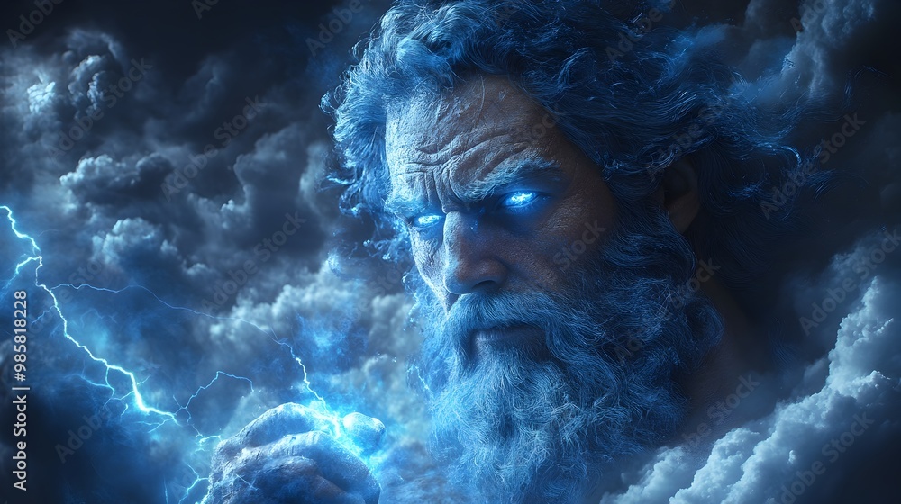Majestic 3D of Zeus the Greek God Wielding Thunderbolt Amidst Dramatic Storm Clouds and ...