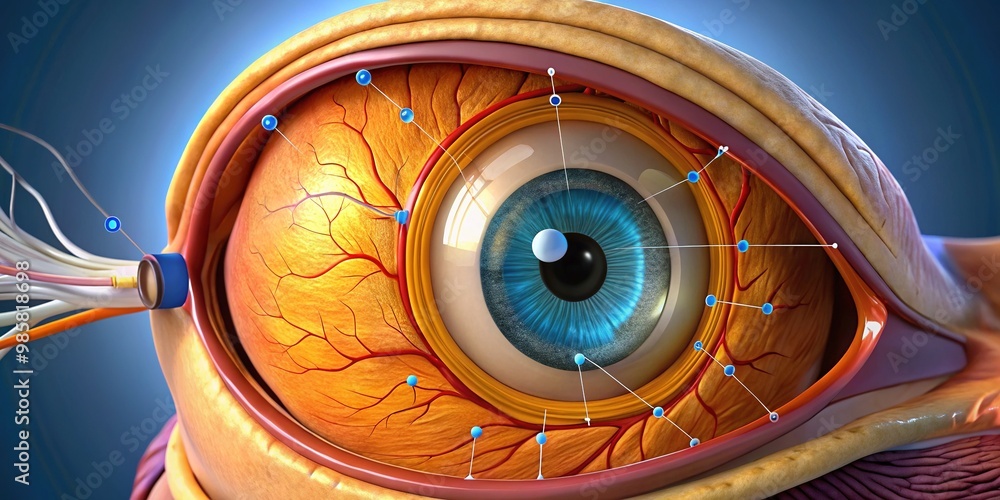 Anatomy of the eye, showcasing essential structures like cornea, lens, retina, iris, and more ...