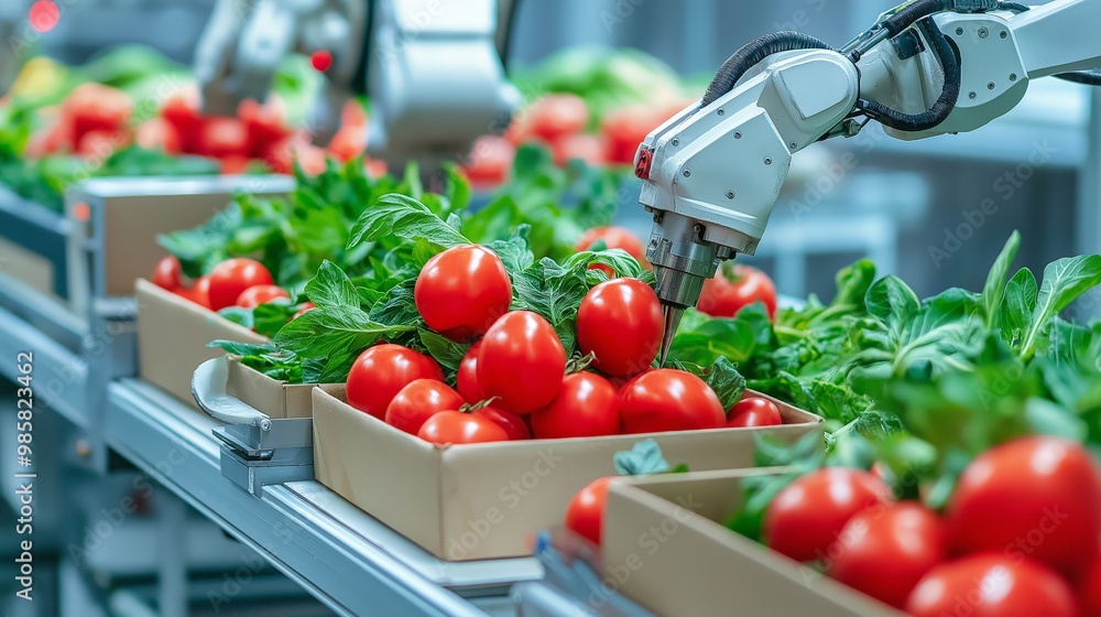 Innovative robot technology sorting fresh tomatoes and greens in a ...