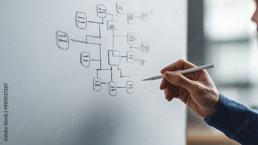 Hand drawing a flowchart on a whiteboard, brainstorming ideas and ...