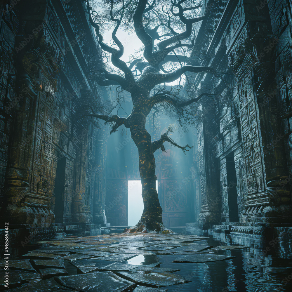 mysterious ancient tree in the middle of the monumental shamanic temple ...