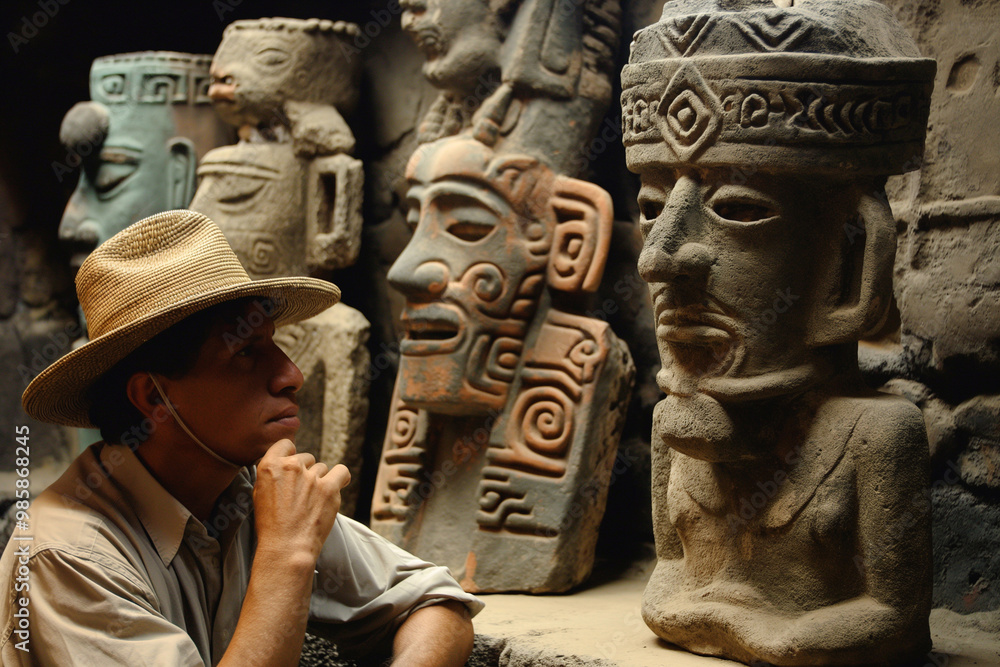 Archaeologist Examining Mesoamerican Artifacts in Museum and Historical ...