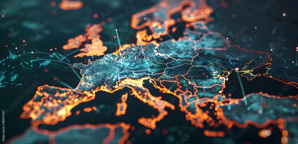 A map of Europe with glowing connections between cities, representing ...