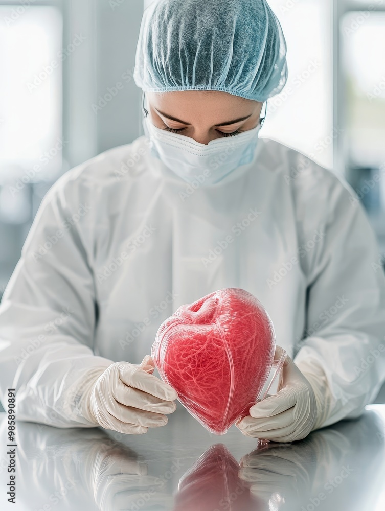 A researcher carefully examines a 3D printed organ, representing ...