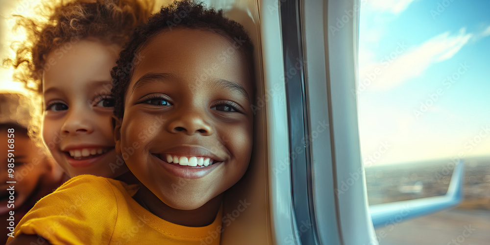 Wings of Possibility: Smiling children gazing out of airplane windows ...