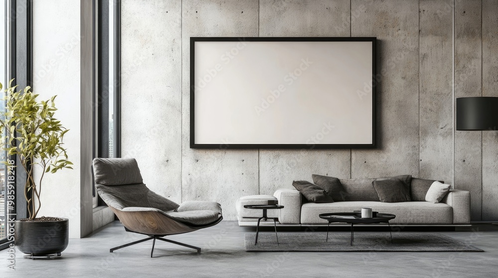 Lounge chair and sofa against wall with big frame Minimalist interior ...