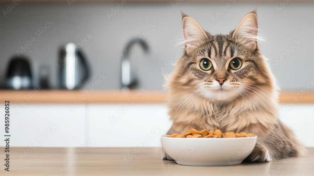 Cat waiting patiently for food in a sleek kitchen, pet behavior, meal ...
