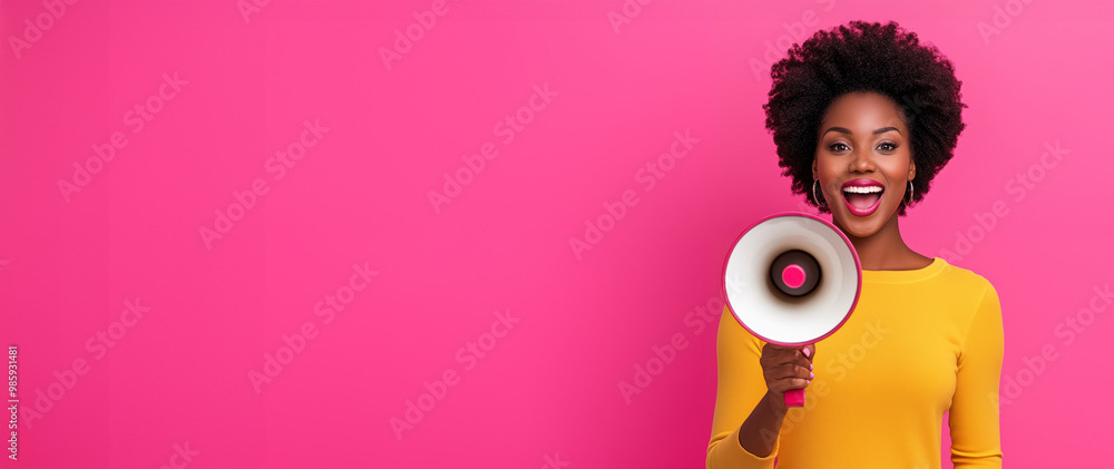Happy young Black woman in yellow sweater, announcing sale offers ...