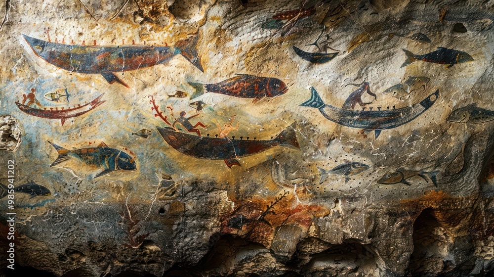 Ancient Cave Paintings of Fish and Boats Stock Illustration | Adobe Stock