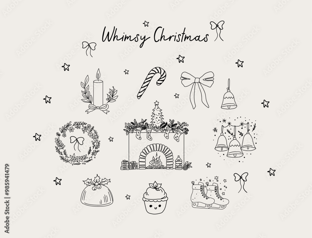 Christmas hand drawn whimsical line art icons 3. Vector illustrations ...