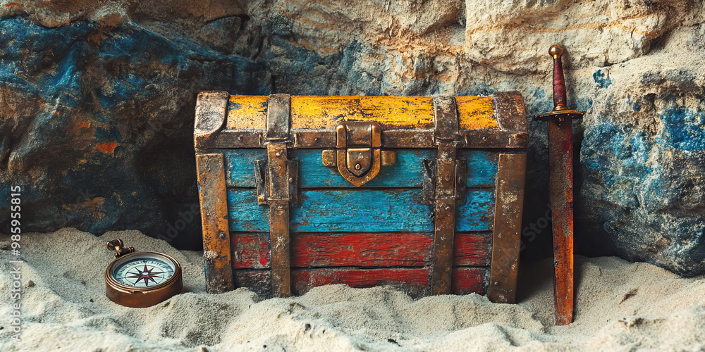 Foto de Stock Hidden Chest of Fortune: A colorful treasure chest, half ...