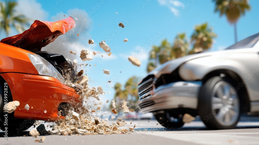 A close-up perspective on a car crash with debris visibly flying ...