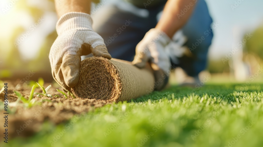 A worker is seen laying down fresh rolled sod on a bright sunny day ...