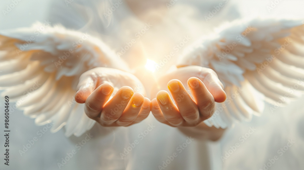 a pair of open hands reaching towards the viewer, with angel wings ...