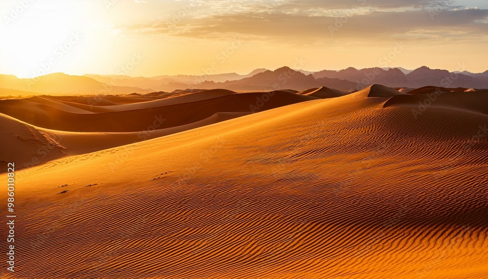 Panorama of sand dunes Sahara Desert at sunset. Endless dunes of yellow sand. Desert landscape ...