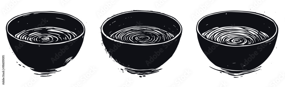 set of 3 different simple minimalistic linocut prints of water bowls ...