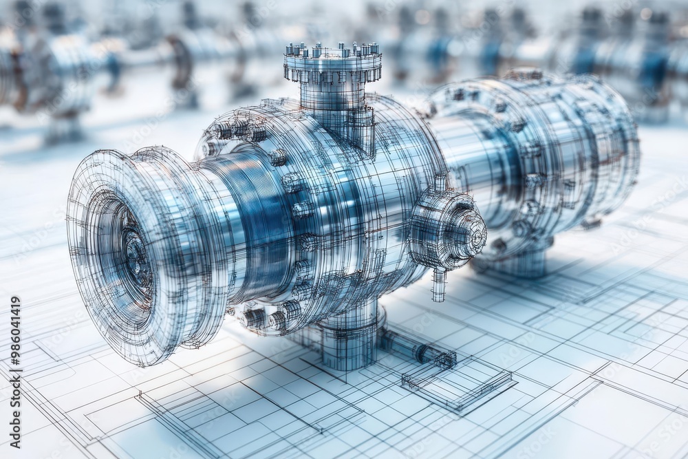 Ilustración de Stock orthographic wireframe rendering of industrial ...