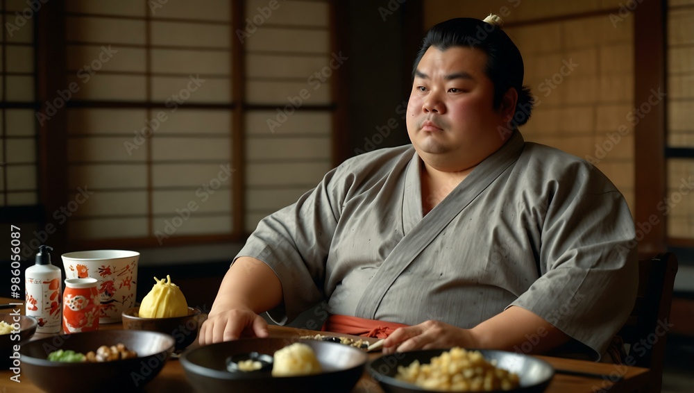 Sumo wrestler seated at a low Japanese dining table full of food. Stock ...