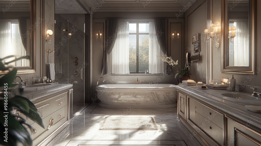 Beautiful luxury bathroom with a marble tub, walk-in shower, and ...