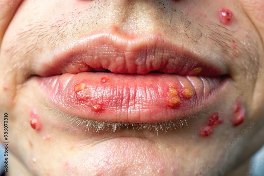 Red, irritated lips manifest blisters and inflammation, with pimple ...