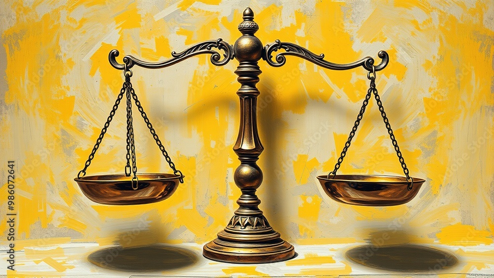 Symbolic illustration of a balanced scale with two weighing arms, one ...