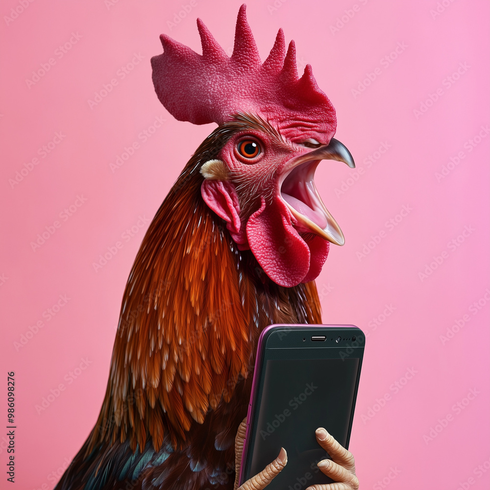 Rooster stands and crows next to mobile phone on pastel pink background ...