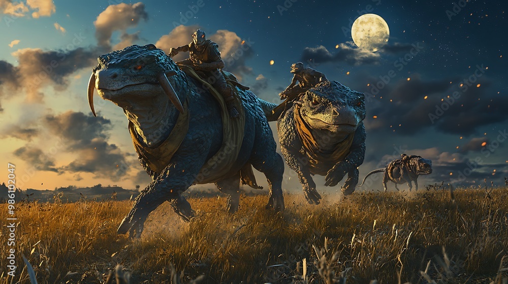Two warriors ride giant lizard-like creatures across a field, with ...