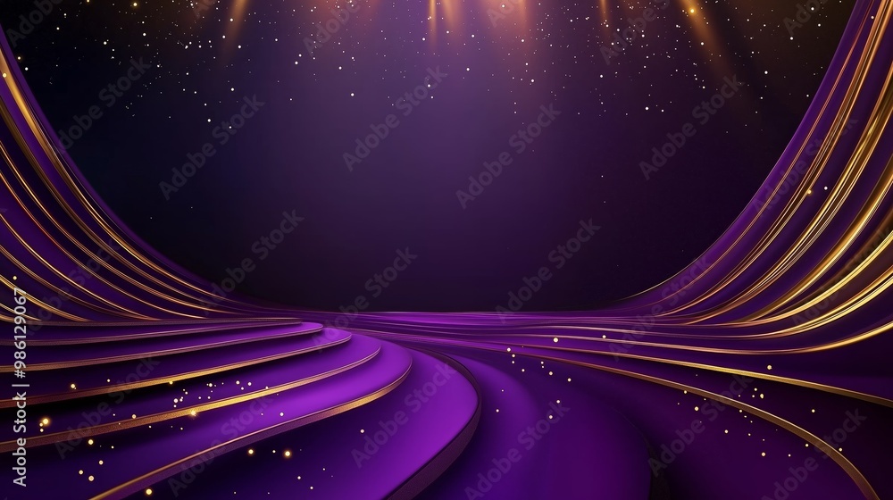 purple elegant stage backdrop with glitter gold light shin on floor ...