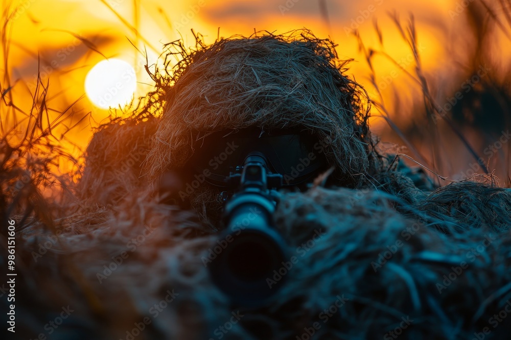 Special forces sniper in ghillie suit concealed on ground during ...